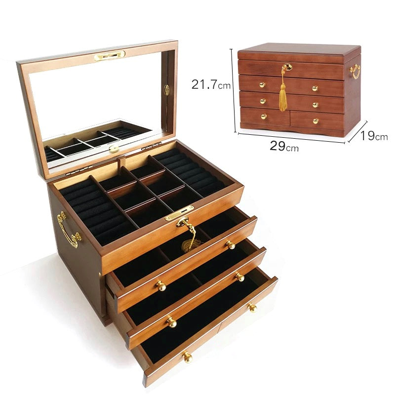 Large Wooden 4 Layers Jewelry Box,Built-in Mirror and Lock – Nillishome