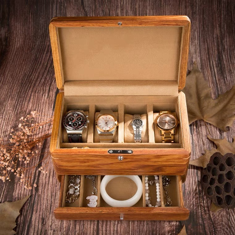 2 Layers Rosewood Solid Wooden 4 Slots Watch Box and Jewelry Box Stora ...