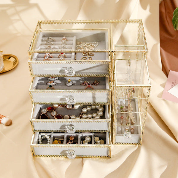 Glass Mirrored 4 Drawers Gold Jewelry Storage Box Vintage Metal Edge J ...