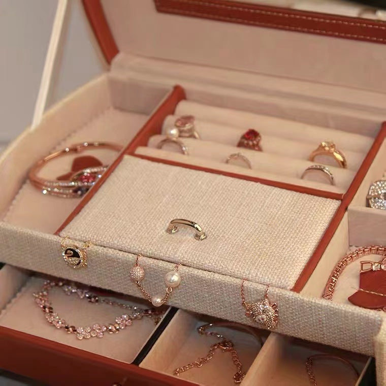 3 Layers One-Handed Linen Jewelry Box,with Portable Travel Jewelry Org ...