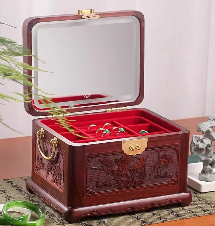 Hand Carved Rosewood Jewelry Box Organizer With Touch Screen LED Light ...