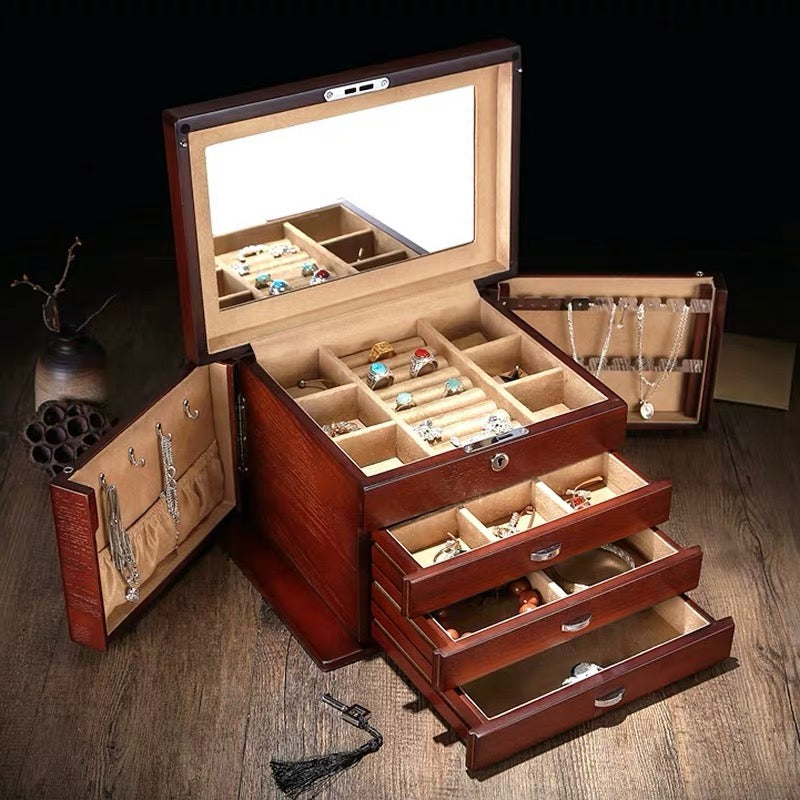 Handmade Large Wooden 4 Layers Jewelry Box, Built-in Mirror and Lock V ...