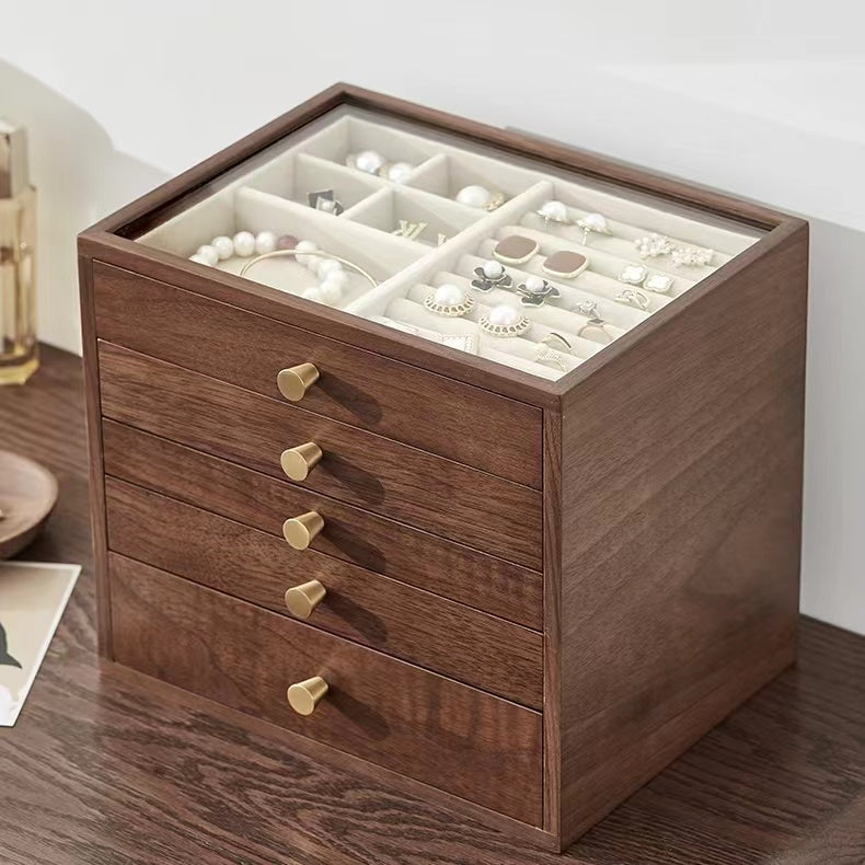 5 Layers Walnut Wood Jewelry Box with Glass Top – Nillishome