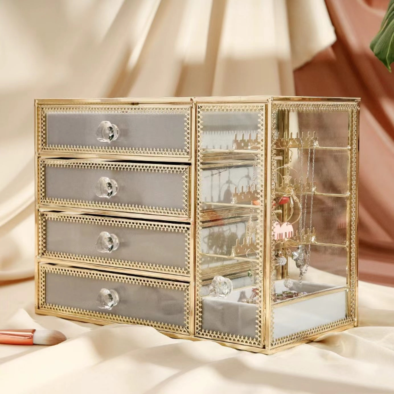 Glass Mirrored 4 Drawers Gold Jewelry Storage Box Vintage Metal Edge J ...