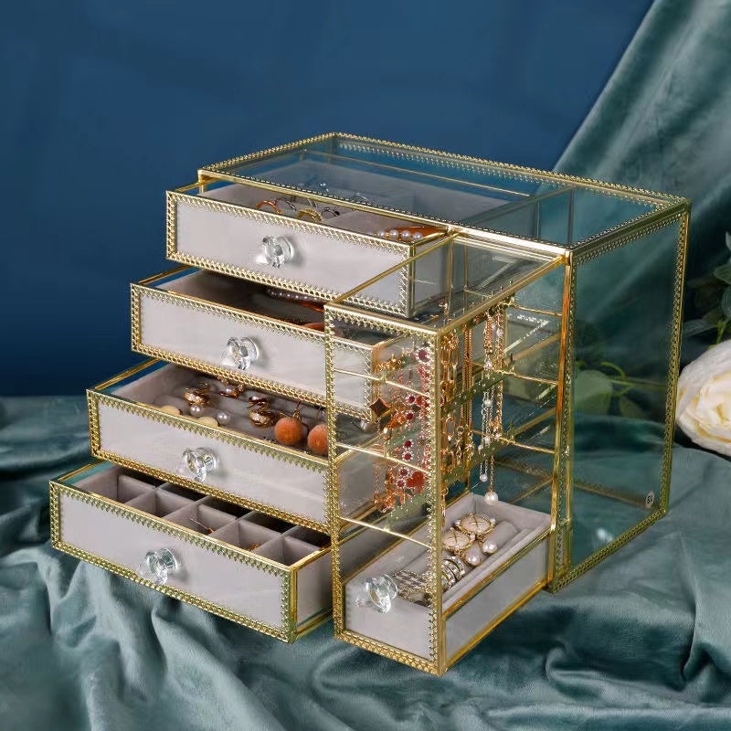 Glass Mirrored 4 Drawers Gold Jewelry Storage Box Vintage Metal Edge J ...